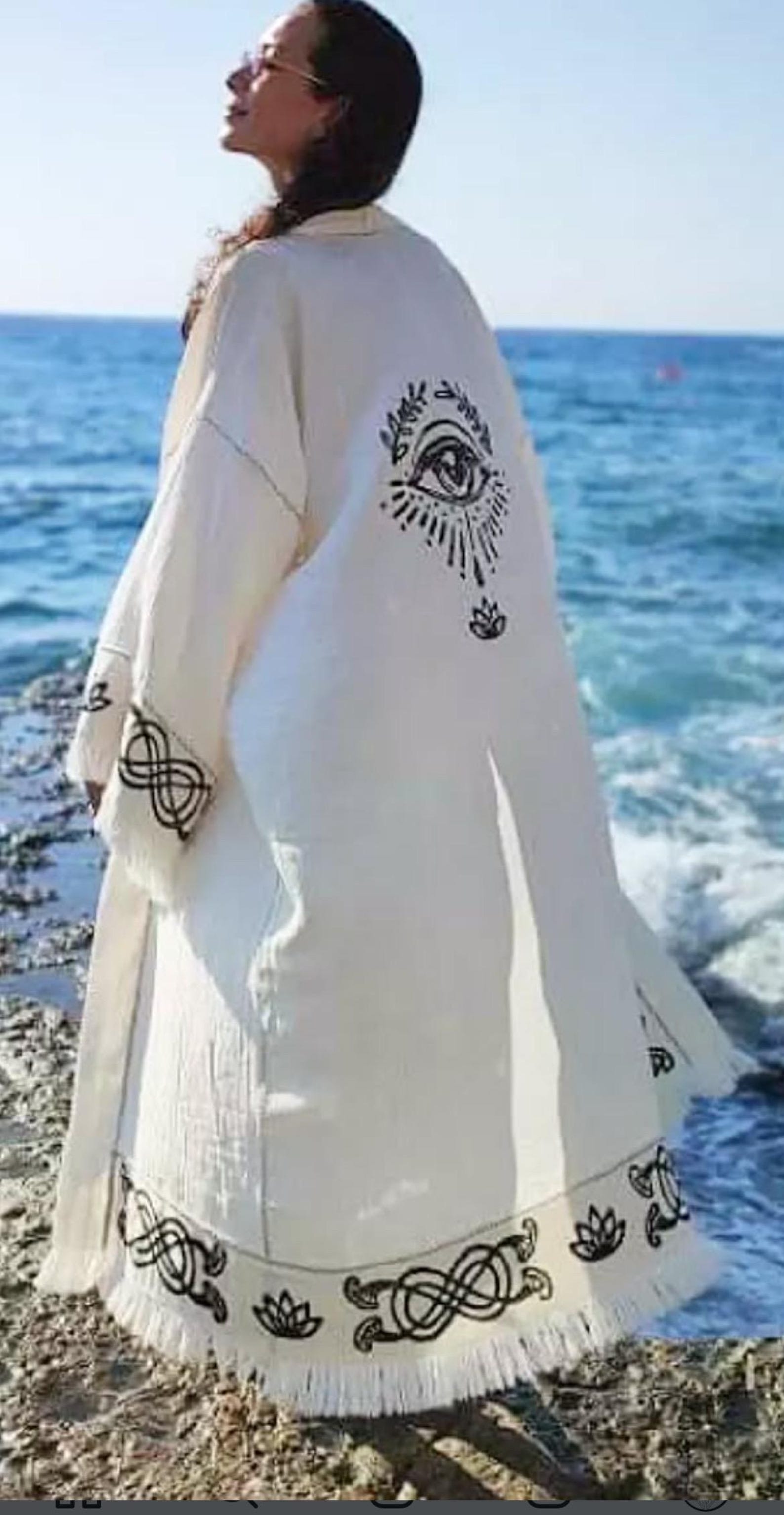 Handcrafted Long Kimono With Eye Symbol, Knot Patterns, and Lotus ...