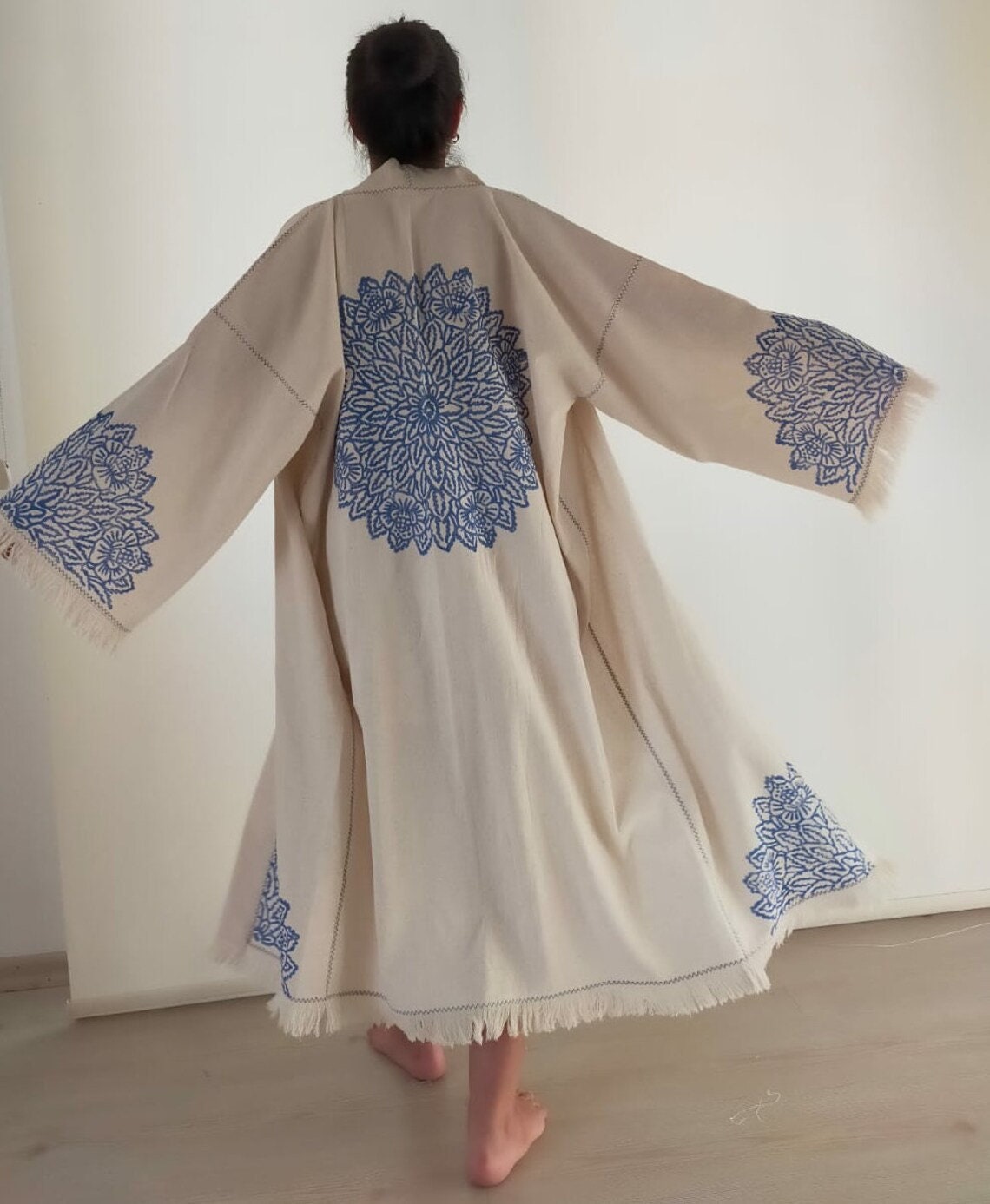 Hand-embroidered Boho Chic Long Kimono With Blue Floral Motifs - Etsy