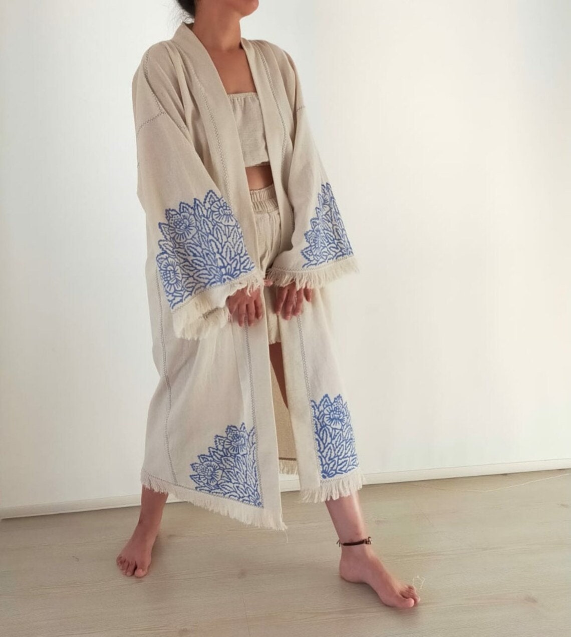 Hand-embroidered Boho Chic Long Kimono With Blue Floral Motifs - Etsy