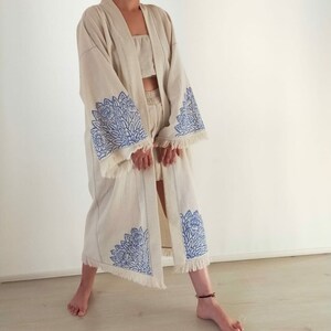 Hand-embroidered Boho Chic Long Kimono With Blue Floral Motifs - Etsy