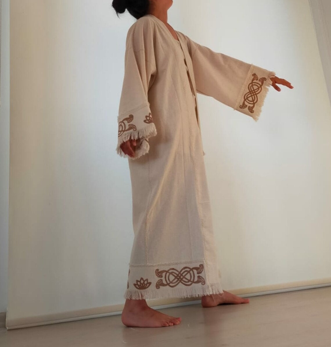 Handcrafted Long Kimono With Eye Symbol, Knot Patterns, and Lotus ...