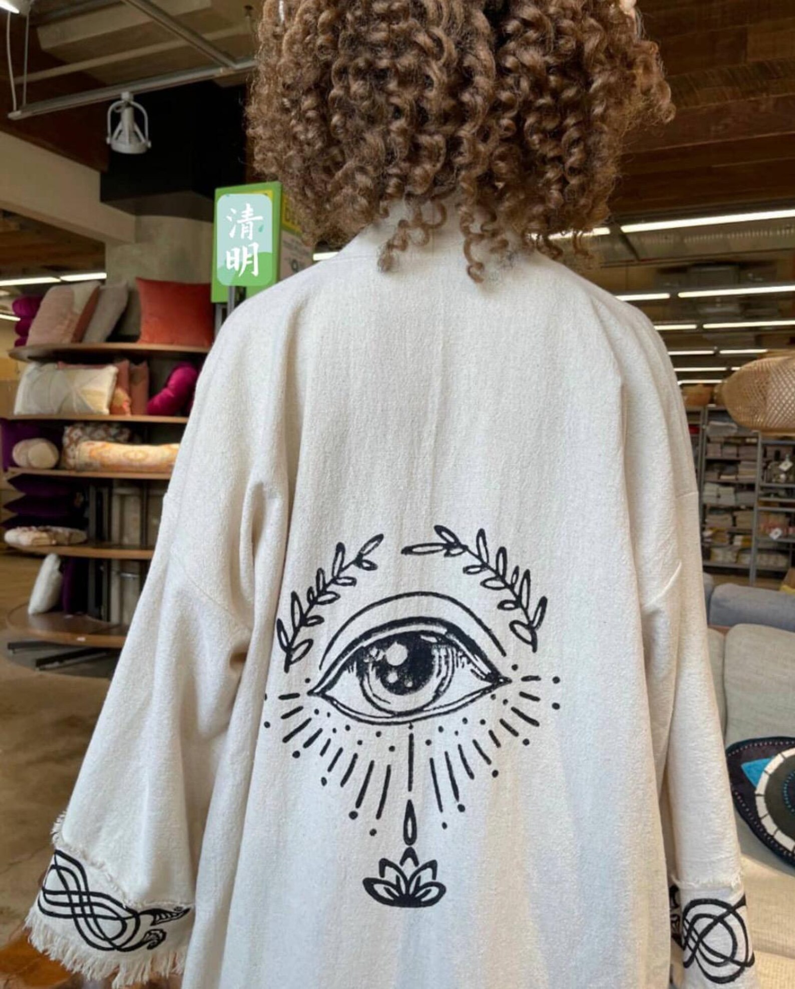 Handcrafted Long Kimono With Eye Symbol, Knot Patterns, and Lotus ...