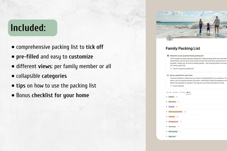 Family Packing List | Digital Notion Template | English - Etsy