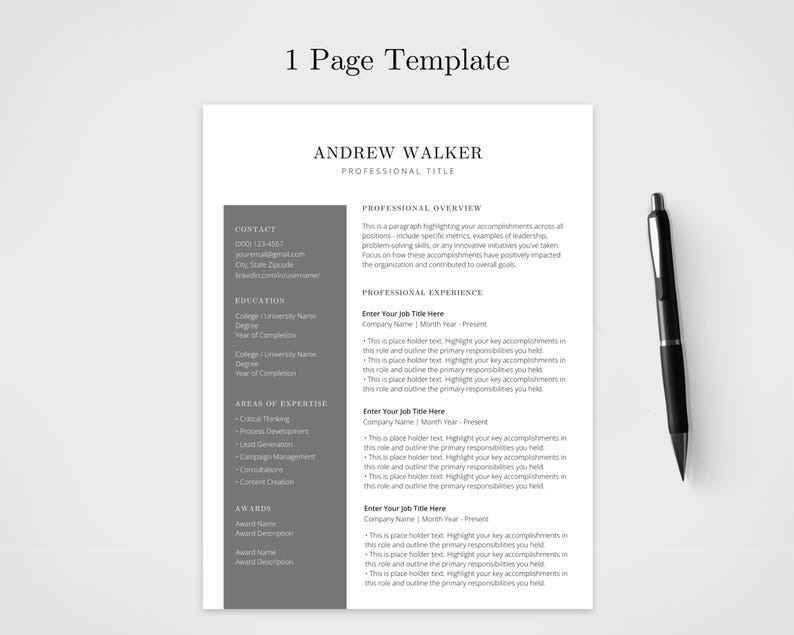 Professional Resume Template, 1-3 Page Resume Template, Cover Letter ...