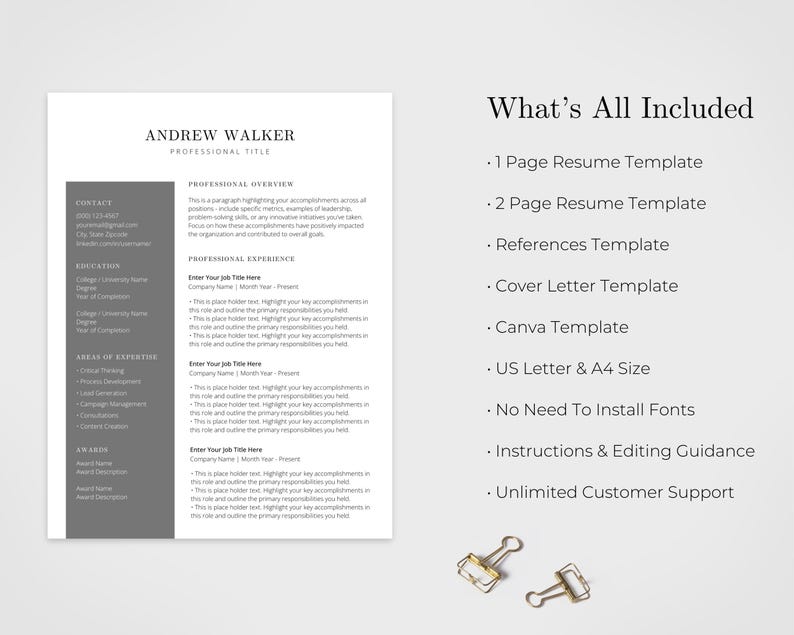 Professional Resume Template, 1-3 Page Resume Template, Cover Letter ...