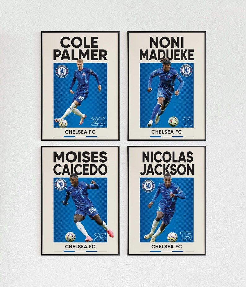 Chelsea FC Poster Bundle Set of 4, Palmer, Caicedo, Madueke, Jackson ...