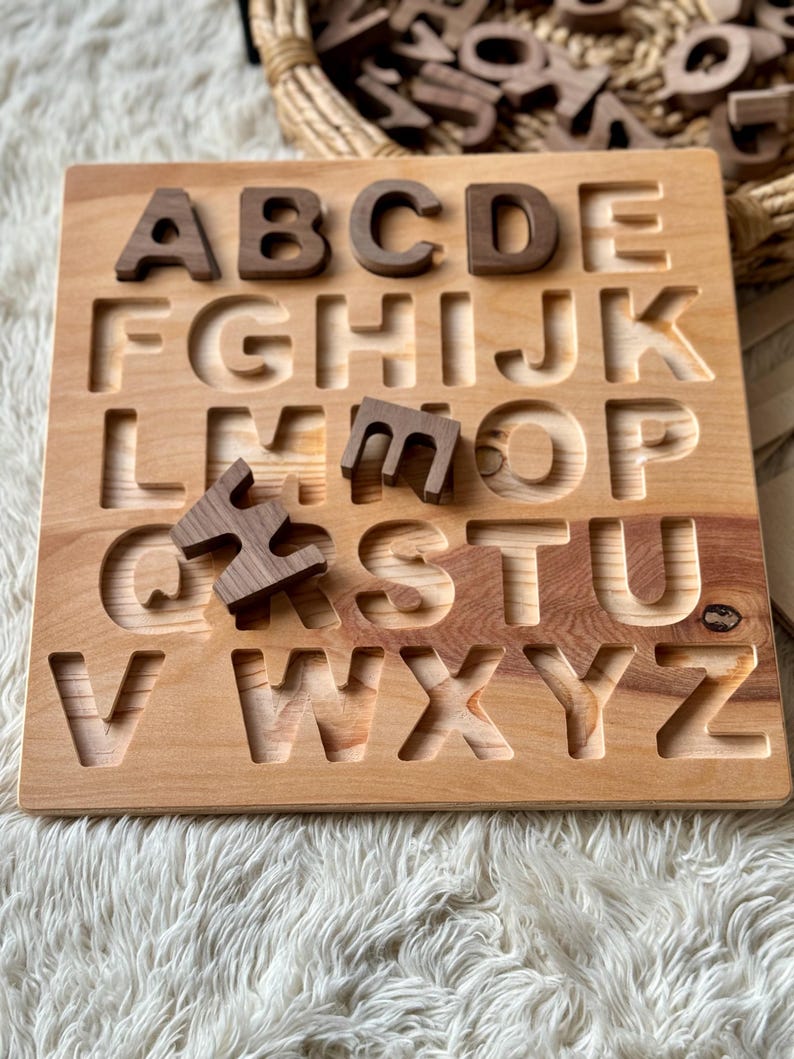 Natural Wood Alphabet Puzzle Montessori Learning Educational Toy ...