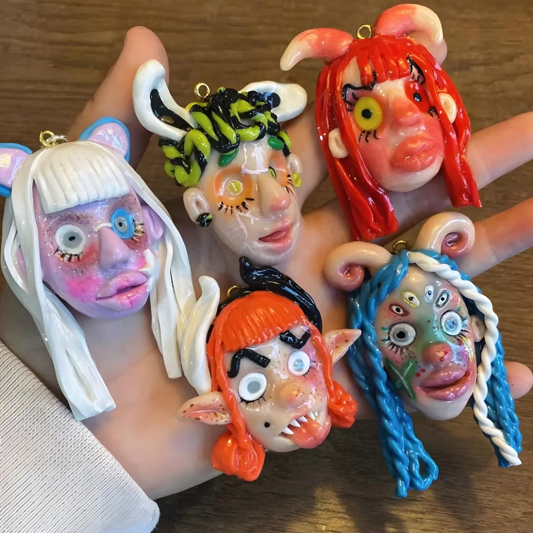 Diverse Ugly, Exaggerated Clay Face Necklaces Also Available as Rings ...