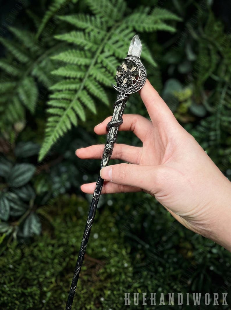Dark Moon Serpent Magic Wand, Black Sandalwood & Raw Crystal, Gothic ...