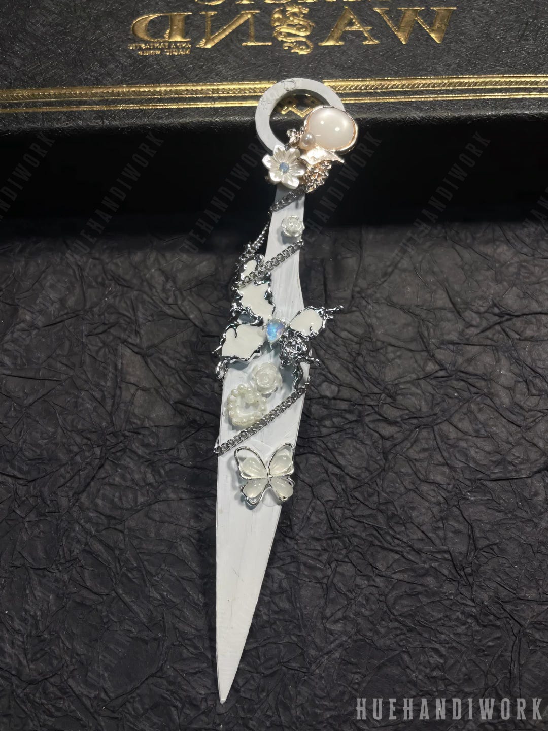 Handmade White Butterfly Dream Dagger: Crystal & Pearl Decorative Piece ...