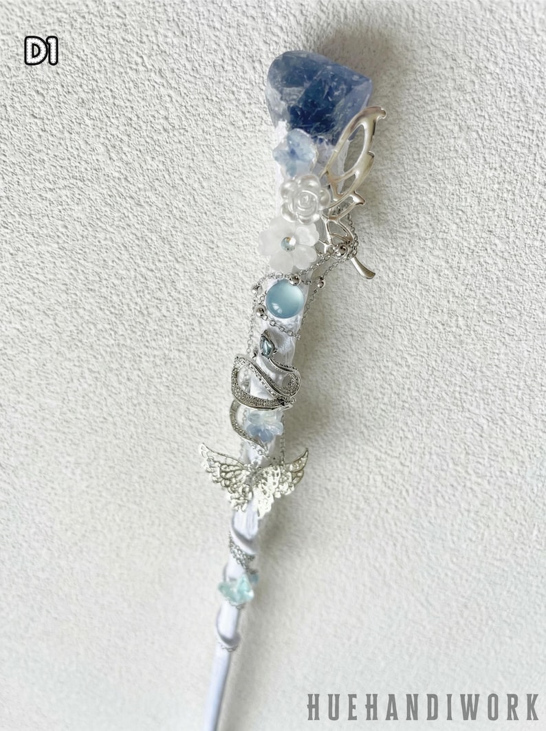 Gothic Royal Blue Celestial Wand, Raw Crystal & Silver Moon Staff ...