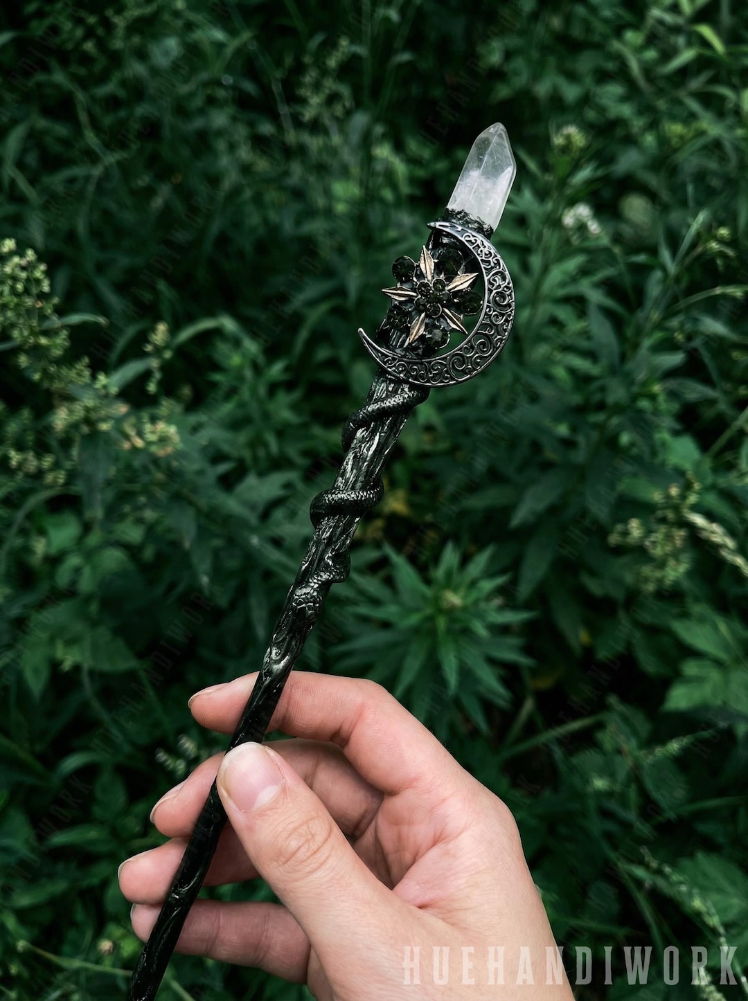 Dark Moon Serpent Magic Wand, Black Sandalwood & Raw Crystal, Gothic ...
