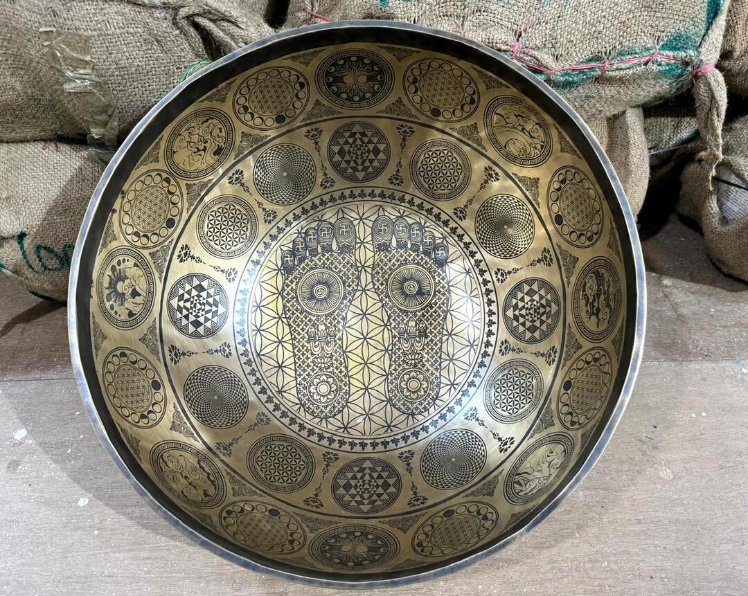 Extra Large Sacred Geometry Standing Singing Bowls -feet Carved Tibetan ...