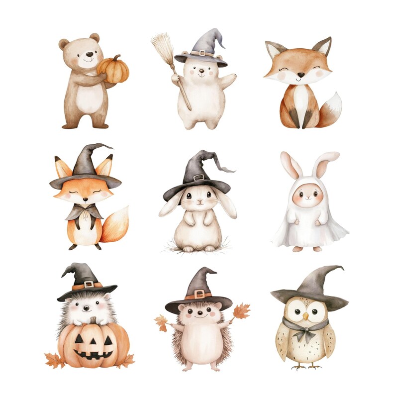 Watercolor Halloween Clipart, Woodland Animals, PNG (digital Download ...