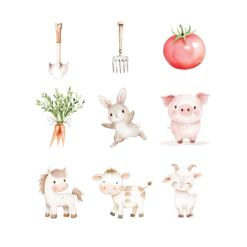 Watercolor Cute Farm Clipart, Farm Friends, Watercolor Farm Life ...
