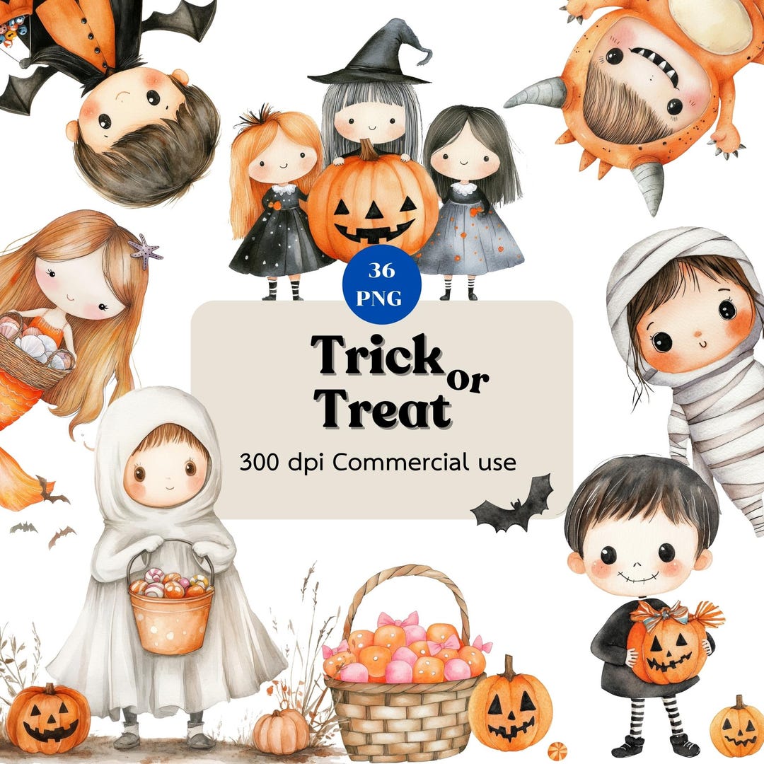 Trick or Treat Watercolor Clipart, Halloween Costume Kids PNG (digital ...
