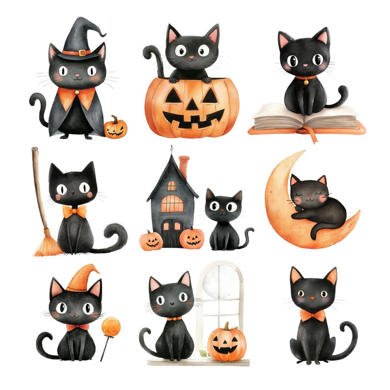 Watercolor Halloween Black Cat, Cute Black Cat Clipart, Cute Watercolor ...