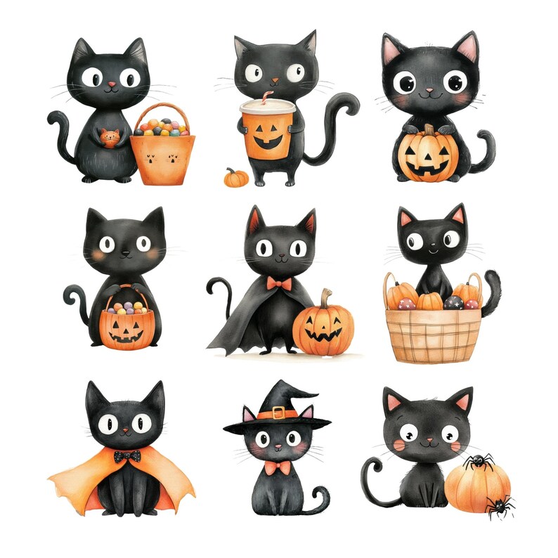 Watercolor Halloween Black Cat, Cute Black Cat Clipart, Cute Watercolor ...