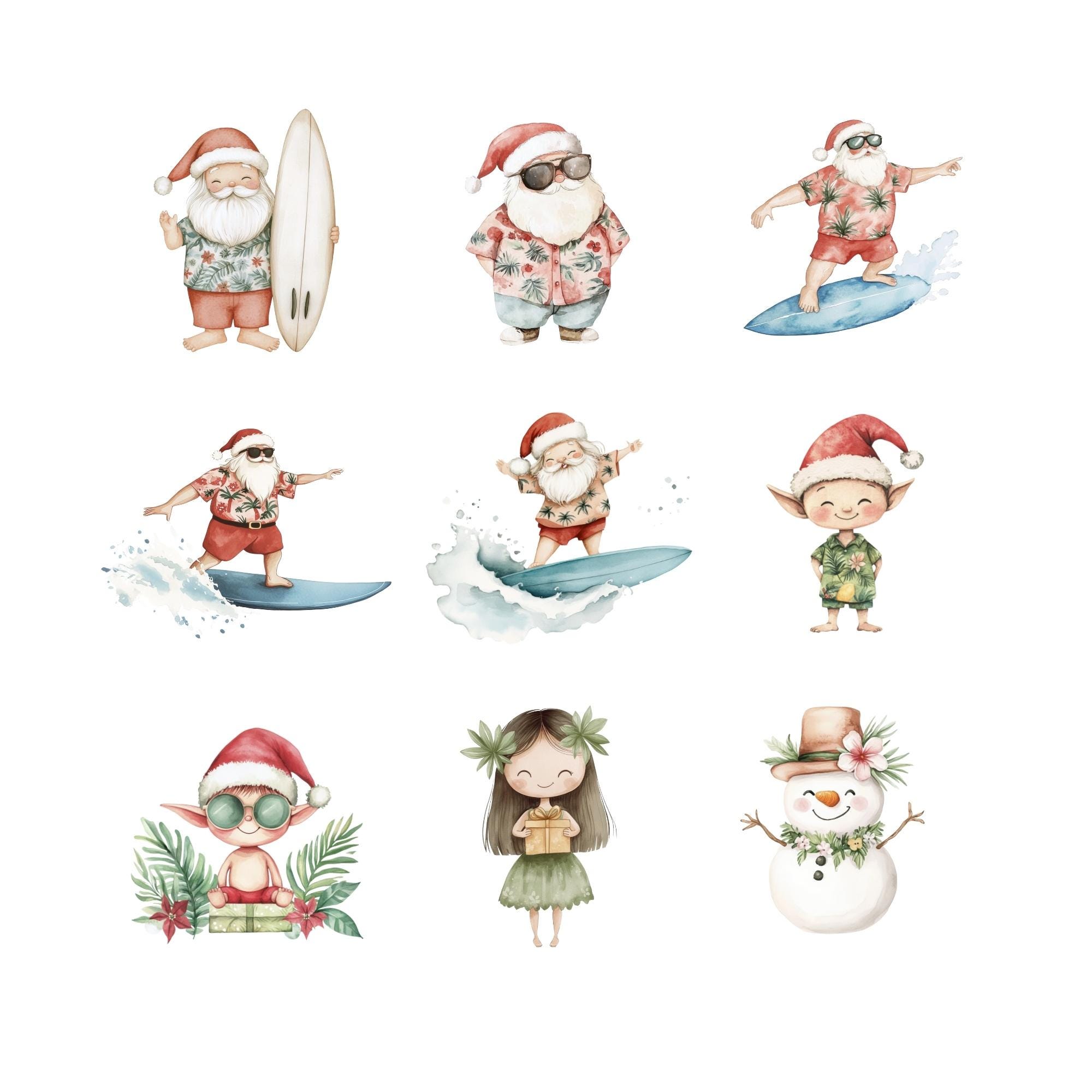 Watercolor Tropical Christmas Clipart, Cute Santa, Tropical Holiday ...