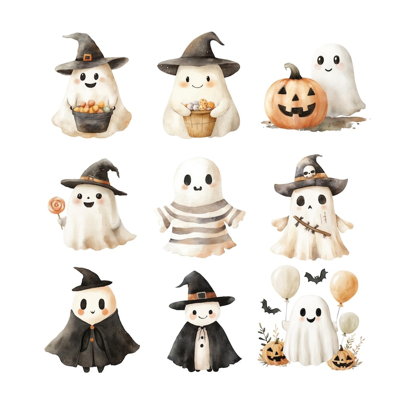 Watercolor Halloween Clipart Set, Cute Ghost, Spooky, Nursery (digital ...
