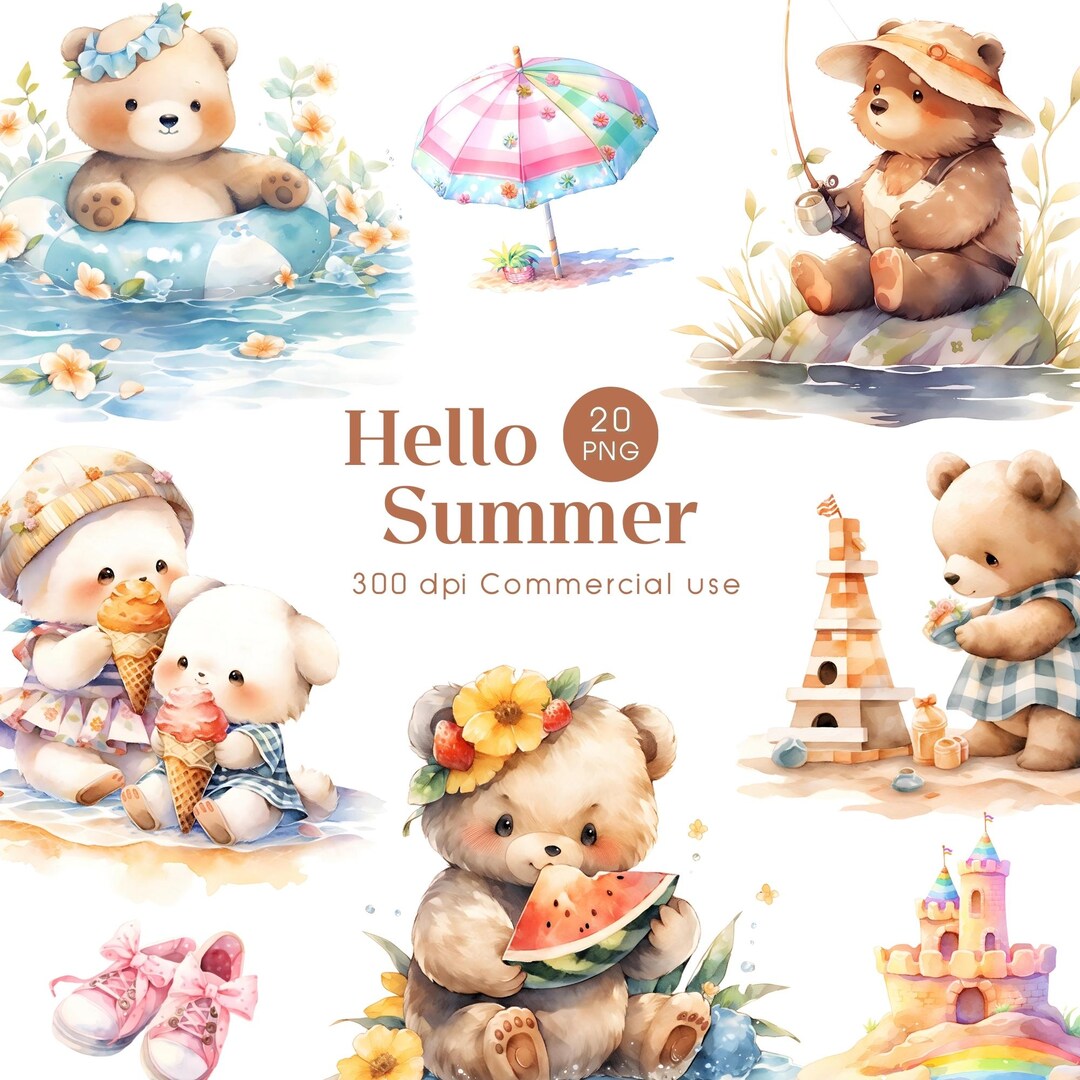 Watercolor Cute Summer Bear Clipart, Summer Time Bear Clipart, Summer ...