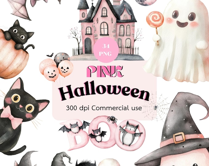 Pink Halloween Watercolor Clipart Bundle | 93 PNG Files | Cats ...