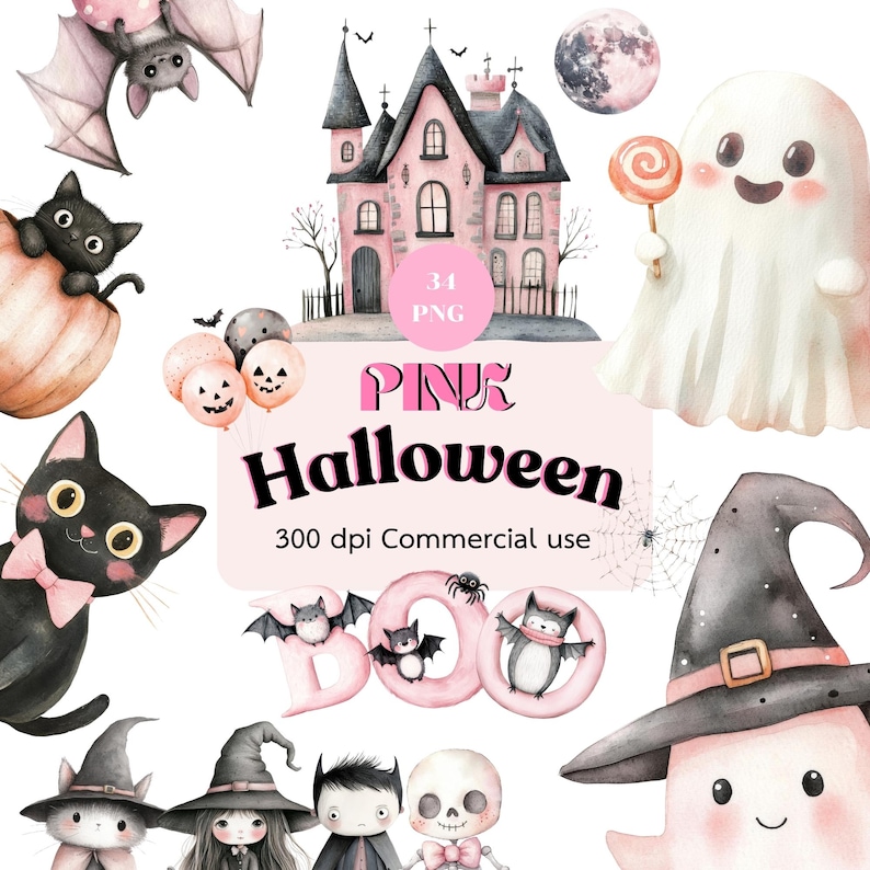 Watercolor Pink Halloween, Halloween Clipart, Watercolor Cute Halloween ...