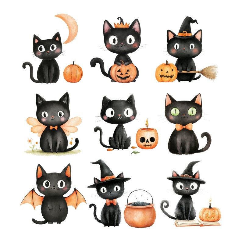 Watercolor Halloween Black Cat, Cute Black Cat Clipart, Cute Watercolor ...