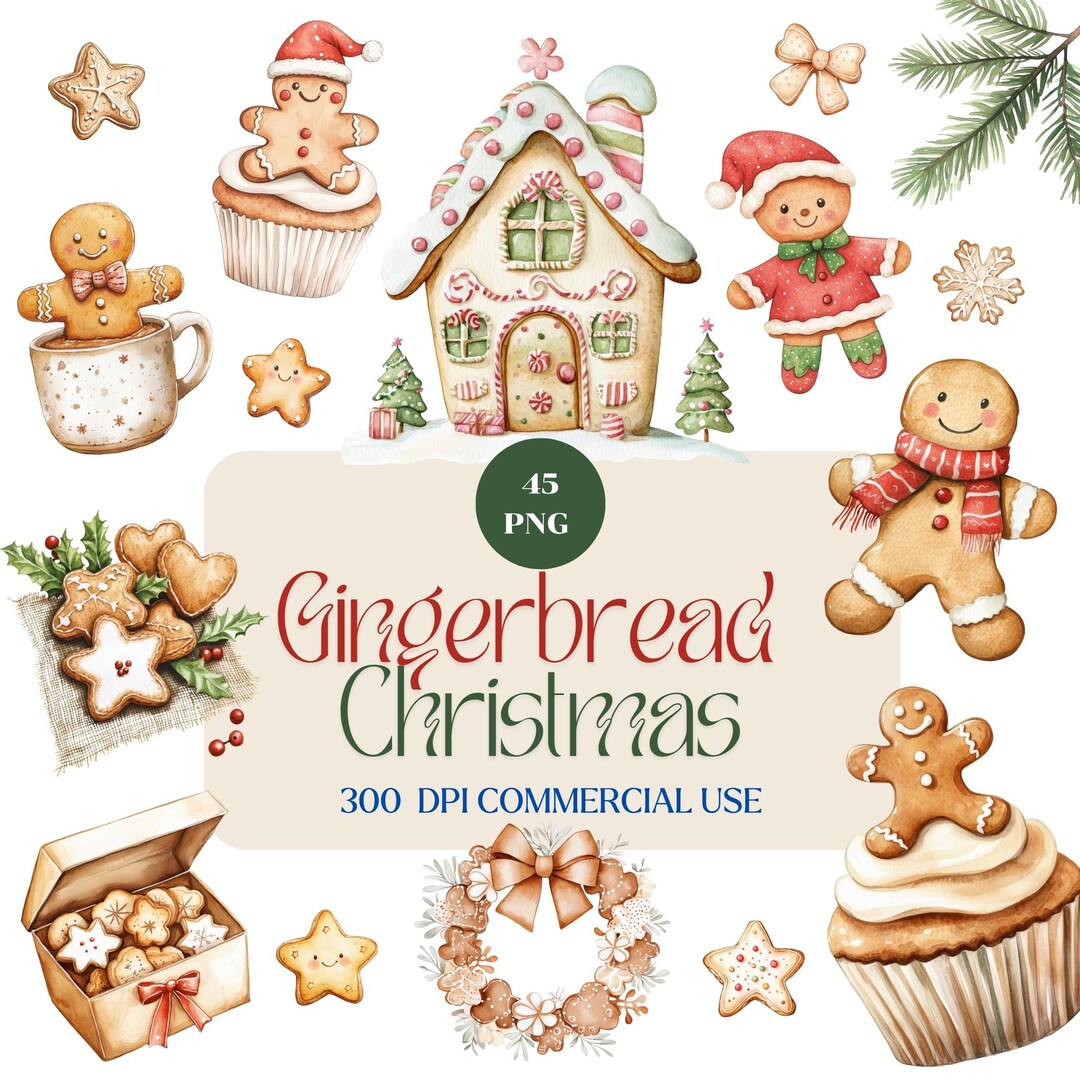 Watercolor Gingerbread Clipart Bundle, Christmas PNG (commercial Use ...
