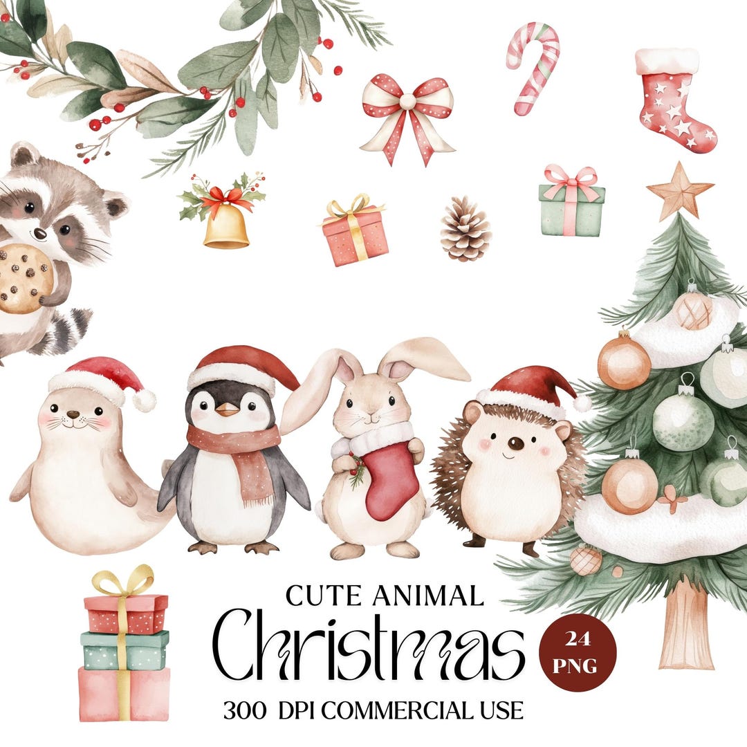 Watercolor Christmas Animals Clipart, Cute Animals With Santa Hats ...