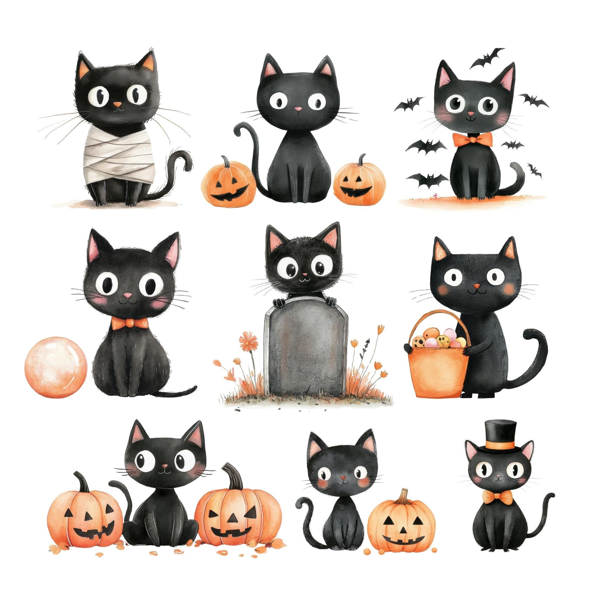 Watercolor Halloween Black Cat, Cute Black Cat Clipart, Cute Watercolor ...