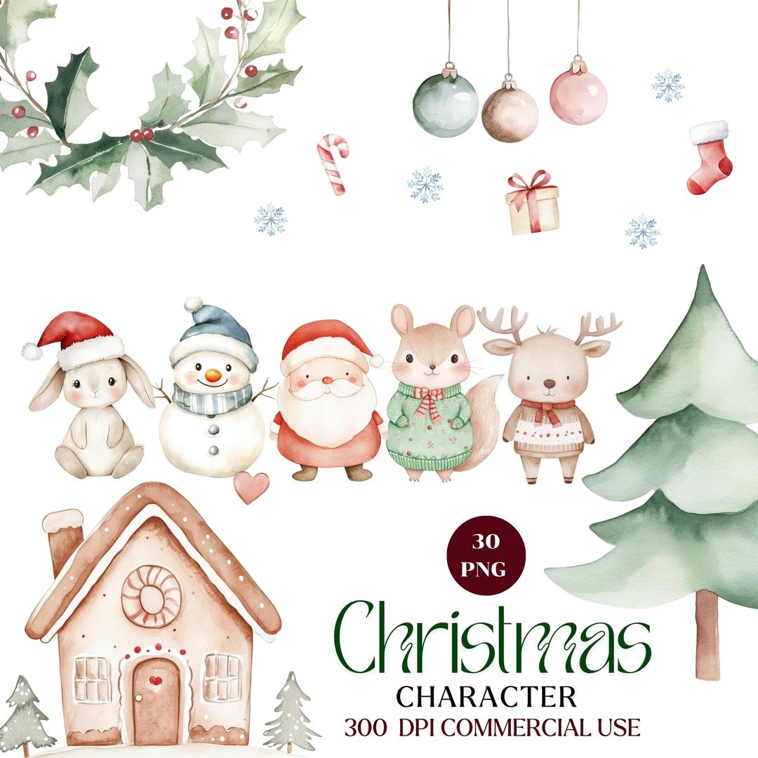 Cute Christmas Clipart, Cute Christmas Characters, Watercolor Christmas ...