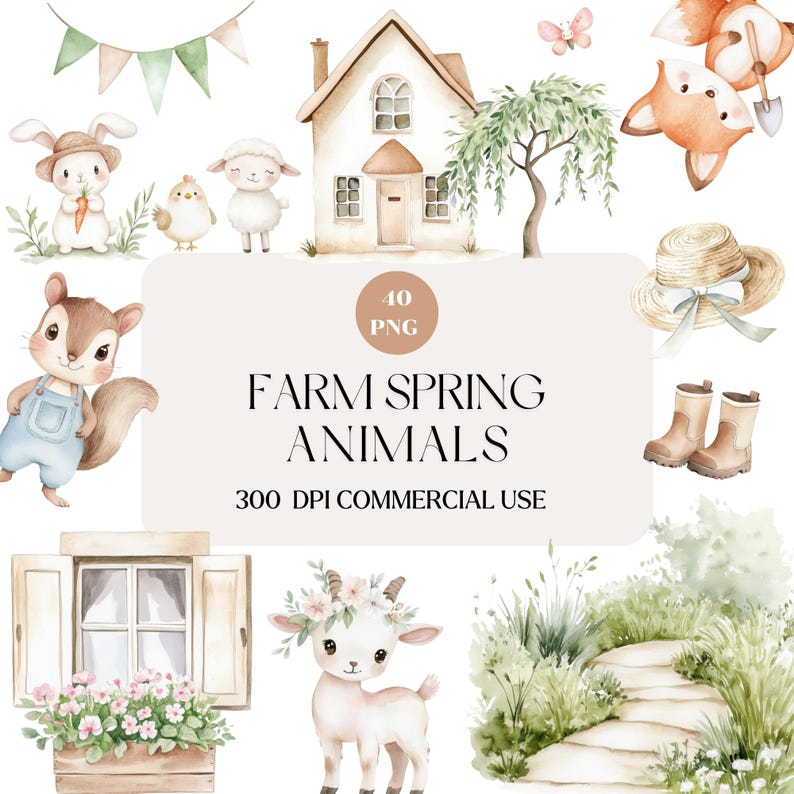 Watercolor Spring Farm Clipart, Cute Spring Animals Clip Art, Garden ...