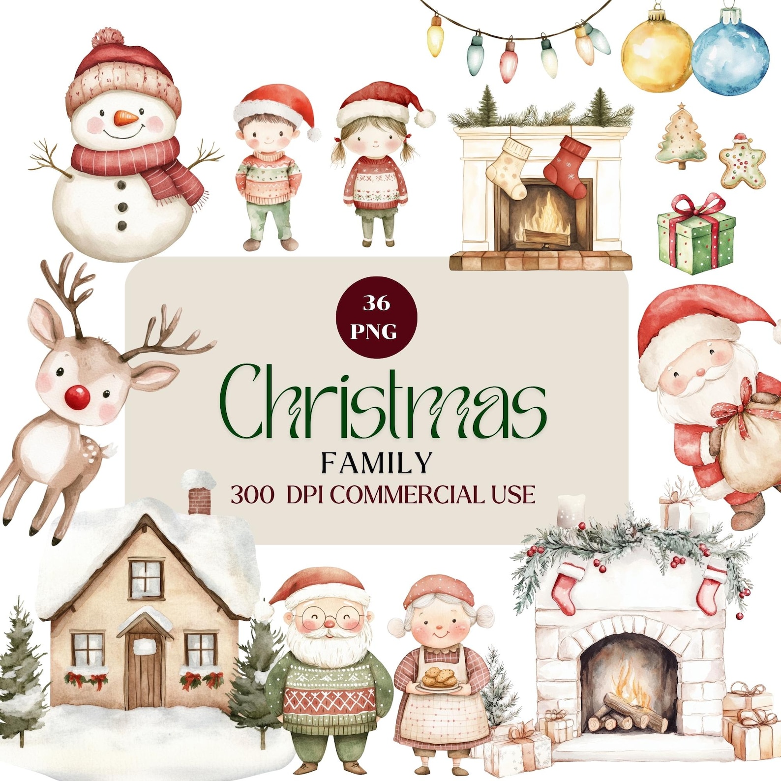 Watercolor Christmas Family Clipart, Cute Christmas Day, Christmas ...