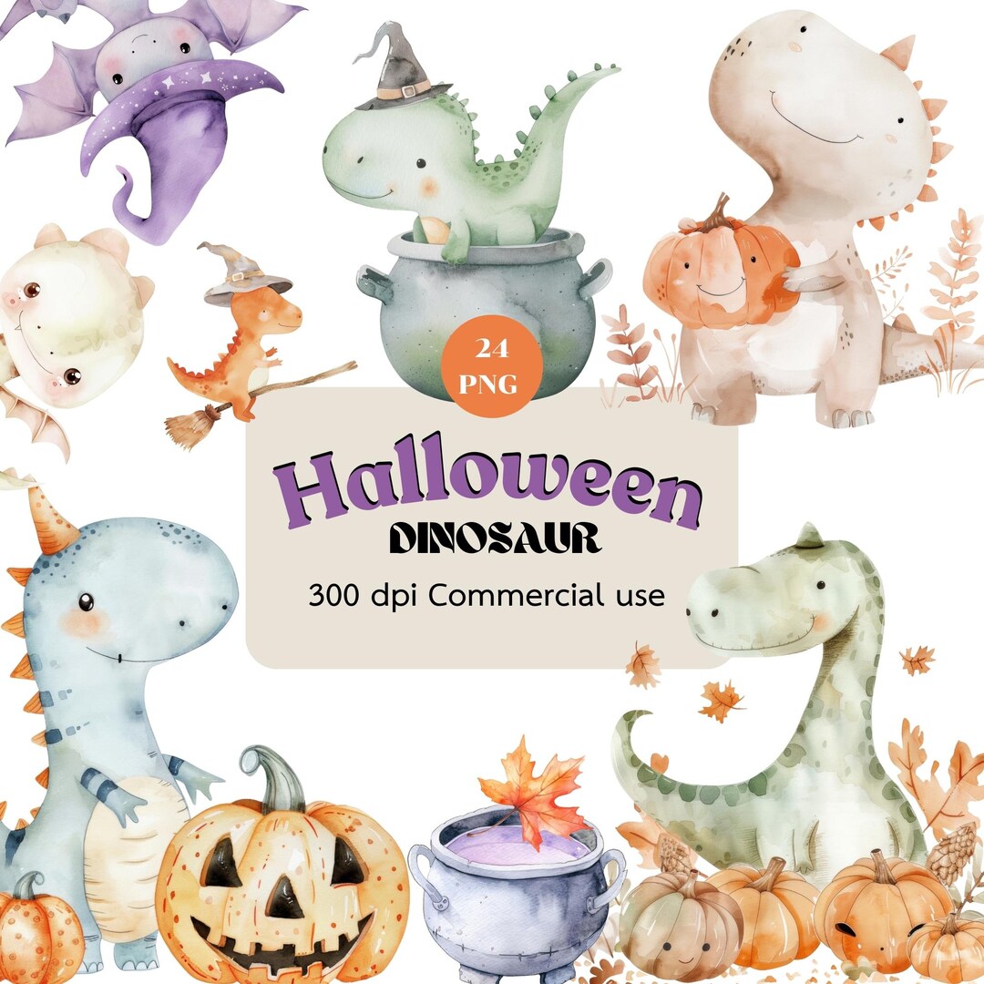 Halloween Dinosaurs Watercolor Clipart, Spooky Dinos PNG, Cute ...