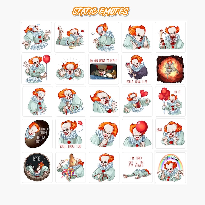 25 Pennywise IT Static Emotes Pack, Transparent PNG Ready to Use Twitch ...