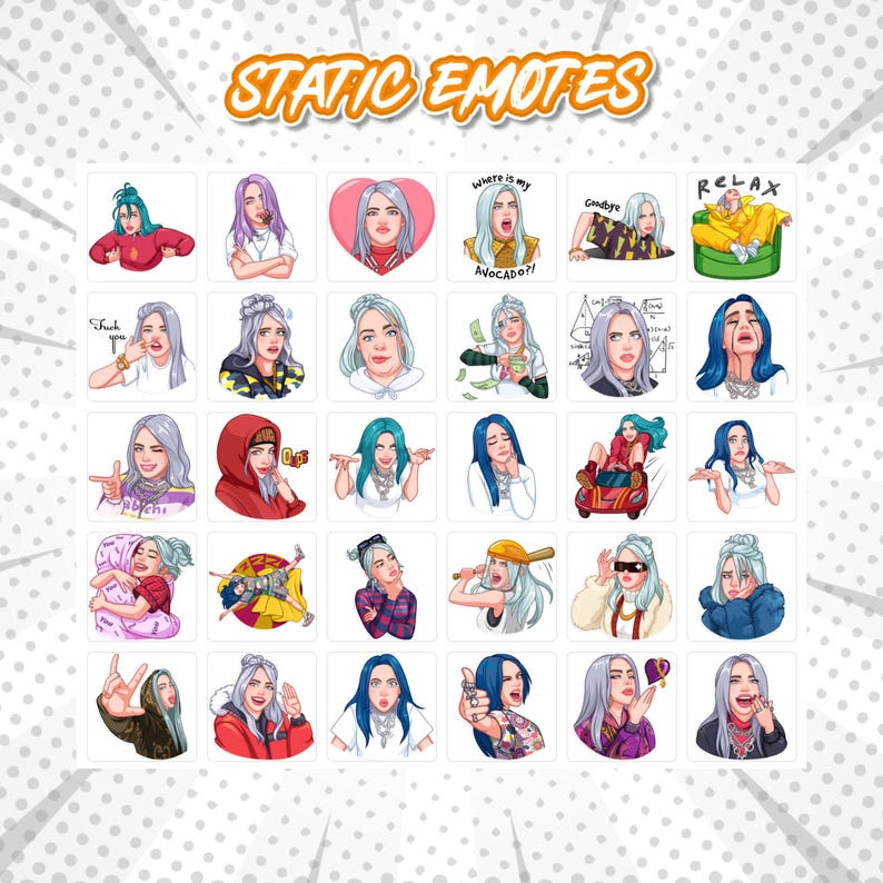 30 Billie Eilish Static Emotes Pack, Transparent PNG Ready to Use ...