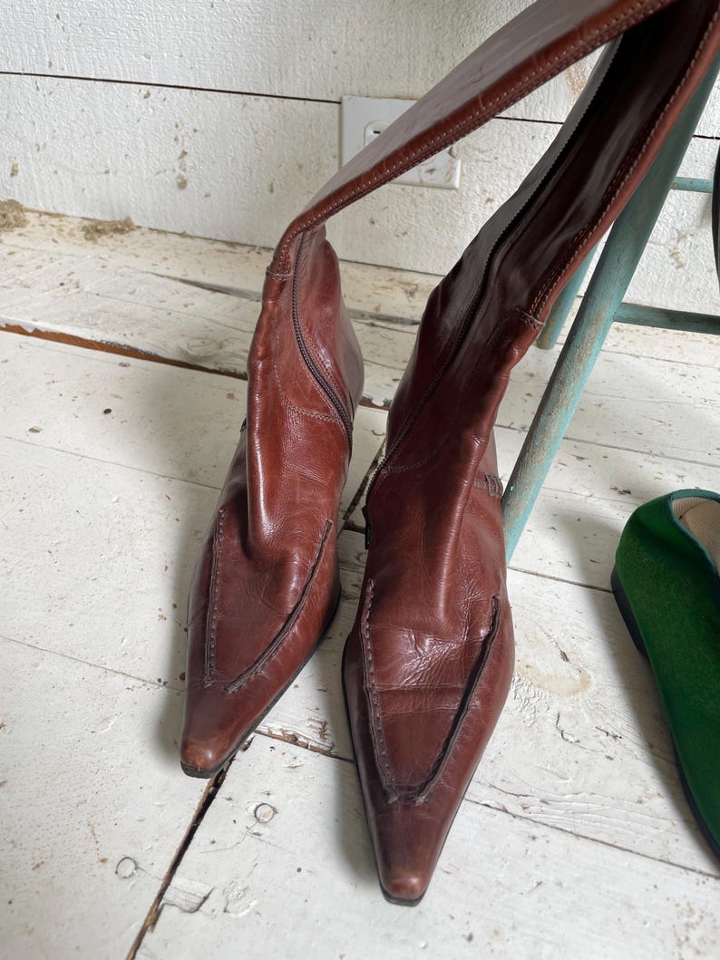 Vintage Vero Cuoio Brown Italian Leather Over-the-calf Pointy Toe Boots ...