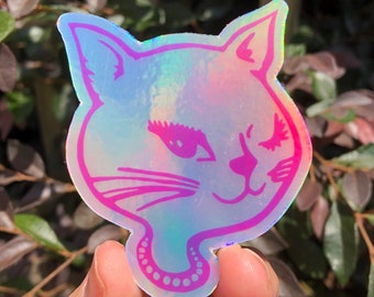 Holographic Winking Cat Sticker Reflective Rainbow Black | Etsy