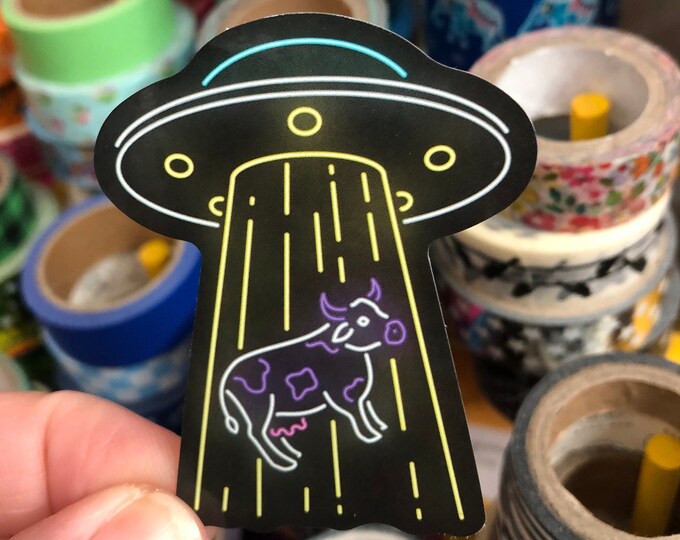 Neon Lights Retro UFO Alien Cow Abduction Sticker Glossy - Etsy