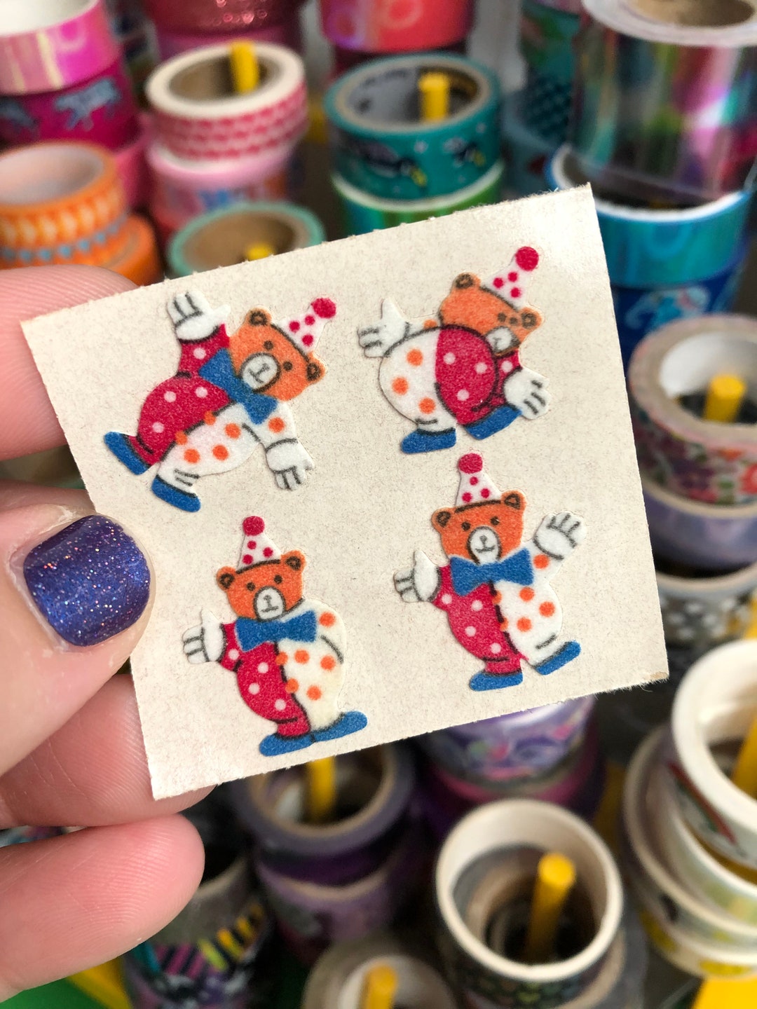 Vintage Fuzzy Flocked Teddy Bear Clown Circus Stickers - Etsy