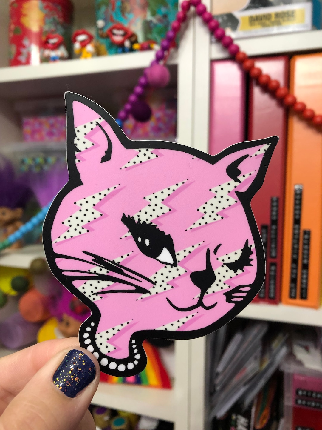 Pink Lightning Bolt Bowie Winking Cat Sticker Retro Vending - Etsy