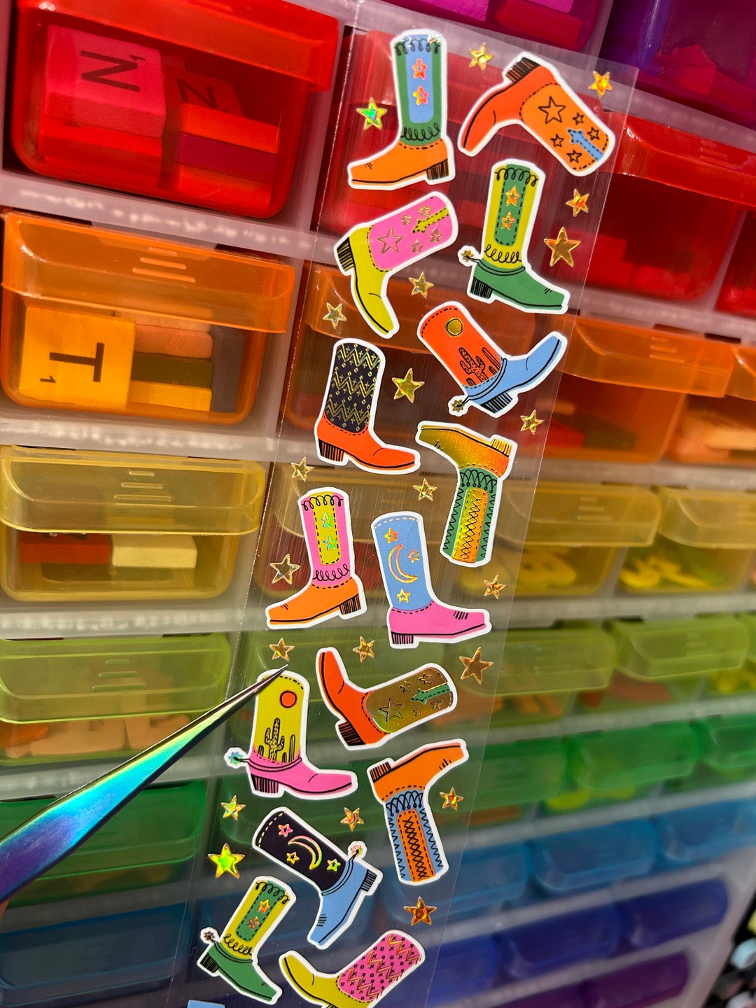 Colorful Retro Cowboy Boots Stickers Gold Foil Accents - Etsy