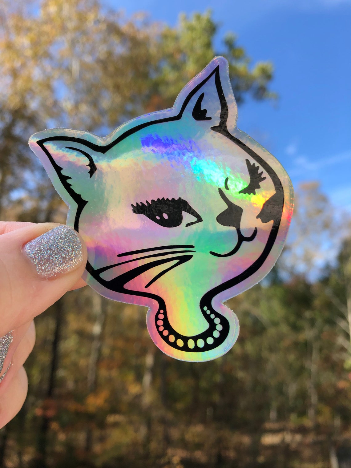 Holographic Winking Cat Sticker Reflective Rainbow Black Outline - Etsy