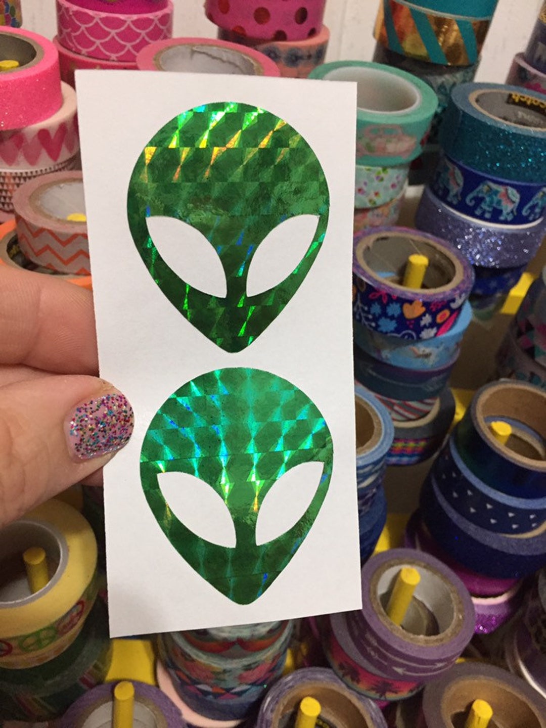 Pair of Green Sparkle Prismatic Rainbow Alien UFO Stickers - Etsy
