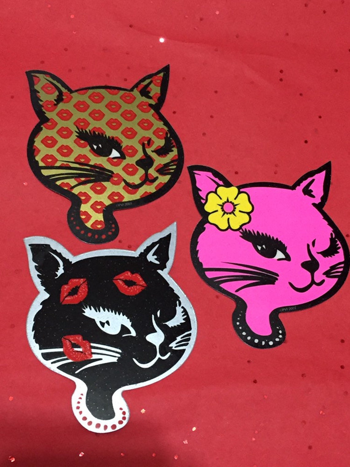 Set of 9 GLITTER Winking Cat Stickers - Retro Vending 80's 90's 00's ...