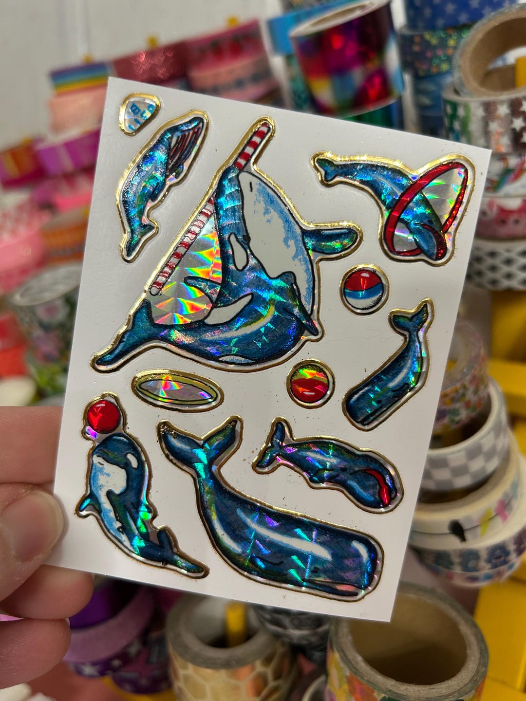 Vintage Prismatic Blue Whale Stickers - Sparkle Prism Gold Outline - Etsy