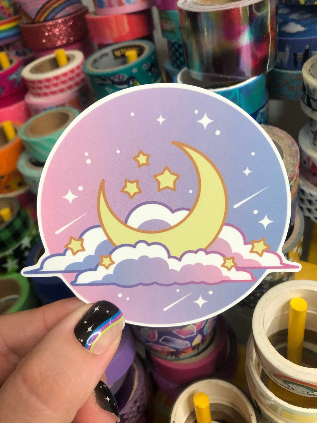 Retro Vinyl Crescent Moon Star Night Sticker - Etsy