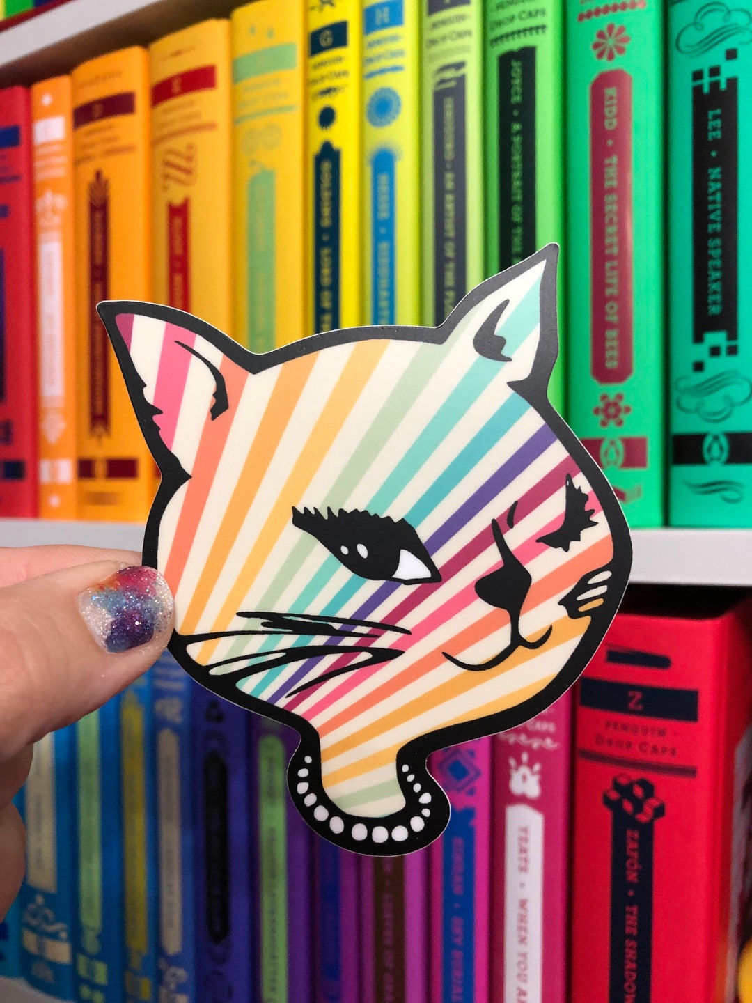 Retro Rainbow Stripe Winking Cat Sticker Retro Vending - Etsy