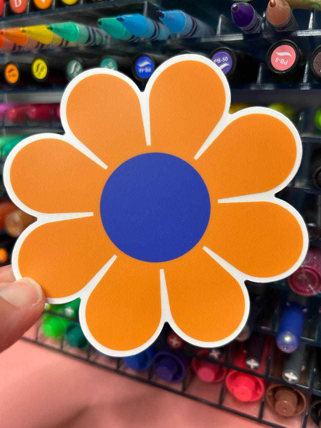Retro Flower Power Daisy Hippy Sticker - Clear Border - Orange 4 Inches ...